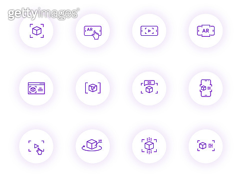 augmented reality purple color outline vector icons on light round ...