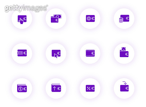wallet purple color vector icons on light round buttons with purple ...