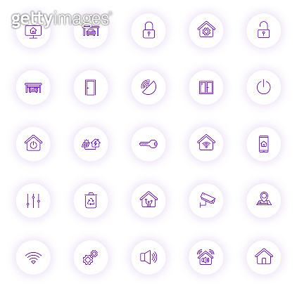 smart home purple color outline icons on light round buttons with ...