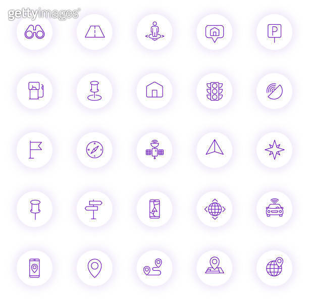 navigation purple color outline icons on light round buttons with ...