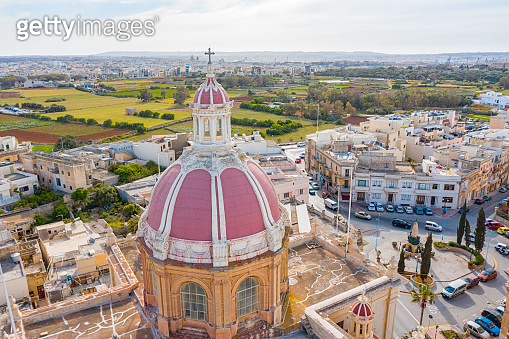 Zabbar Parish Church on the island of Malta, aerial view above, around ...
