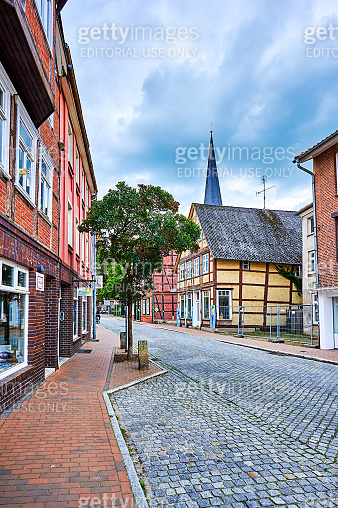 The German medieval town Dannenberg with historical buildings. 이미지 ...
