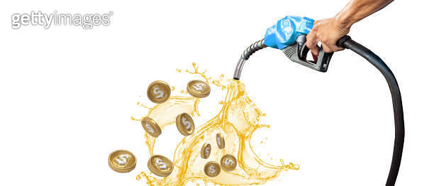 Oil price rising concept Gasoline and Gold coins flowing from the fuel ...
