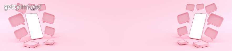 3D rendering. Pink Smartphone white screen Surrounded by a Many pink ...