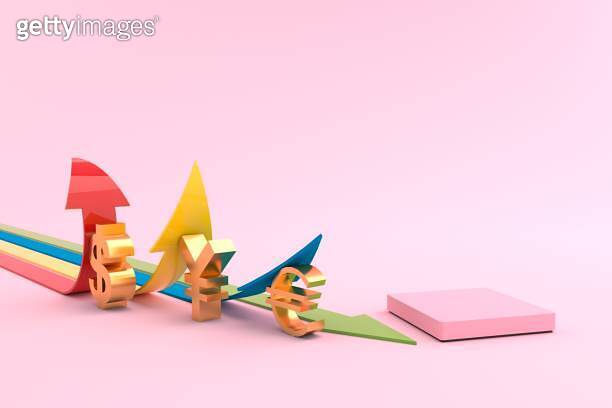 3D rendering of Currency golden symbols, including dollars, euros, yen ...