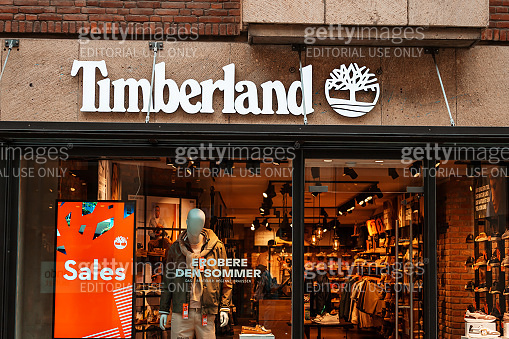 Timberland - famous brand logo at the entrance to a high quality ...
