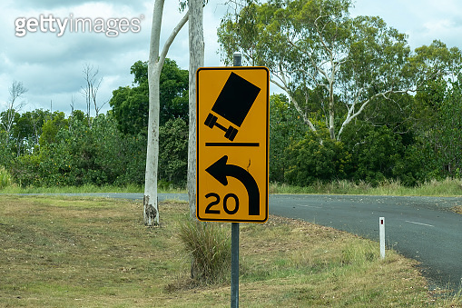 Sharp Bend Warning Road Signage 이미지 (1362592561) - 게티이미지뱅크