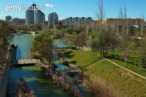 Landscape in old riverbed of river Turia at the Bioparc Valencia ...