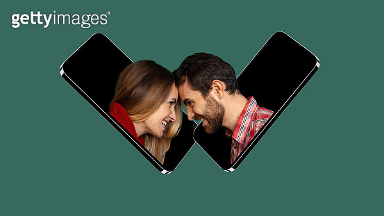 Creative collage of man and woman sticking out phone screen and ...
