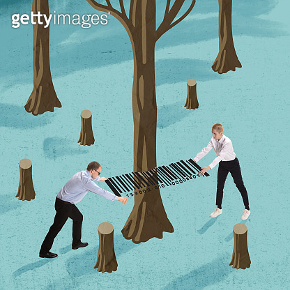Contemporary art collage. Conceptual image of people cutting down trees ...