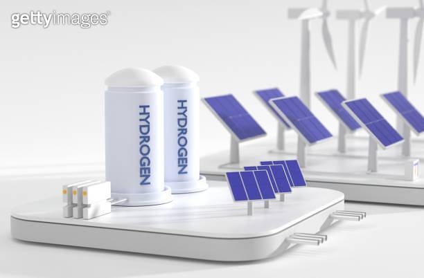 Hydrogen energy factory, isometric 3d render. Renewable power ...