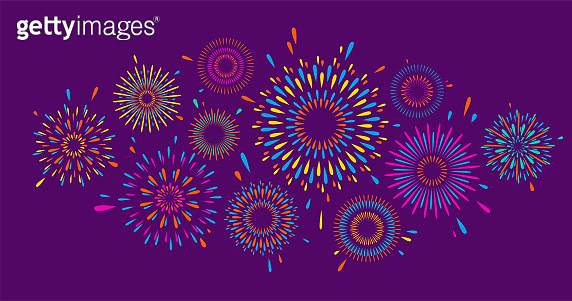 Fireworks vector pattern background. Bright color firework on dark sky ...