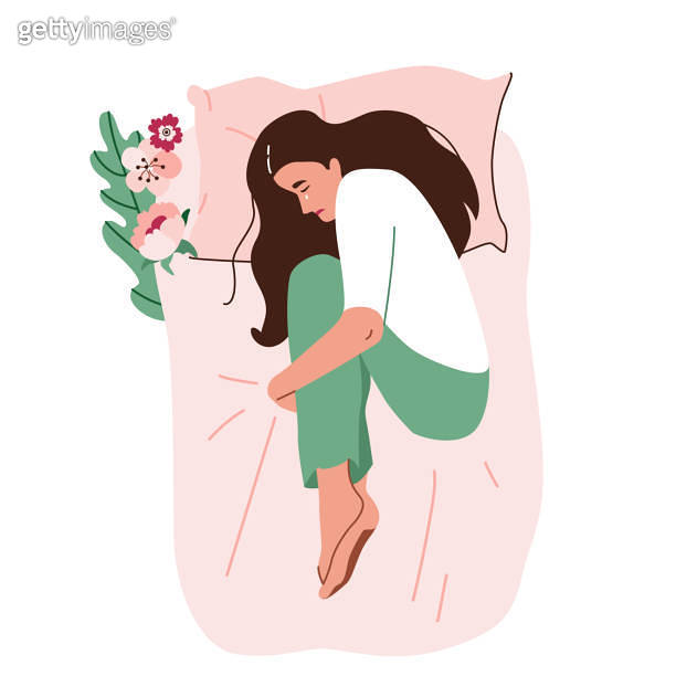 Women during menstrual period vector illustration. Girl lying on the ...