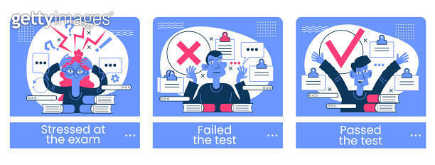 Exams isolated cartoon vector illustrations set, Stressed at the exam ...