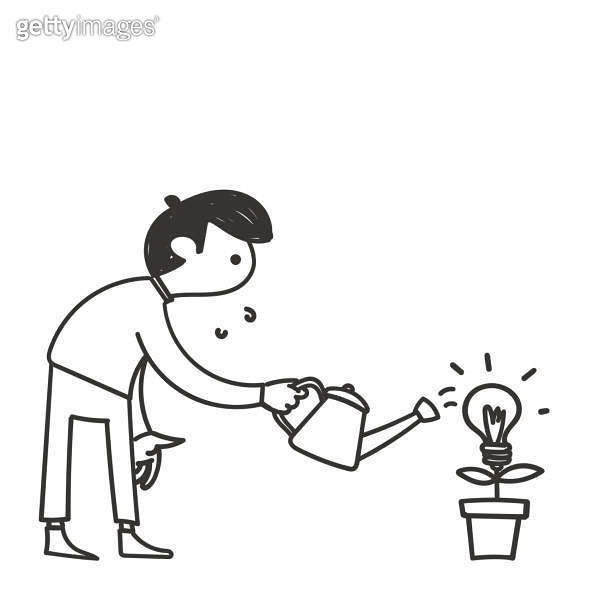 hand drawn doodle character watering bulb plants illustration ...