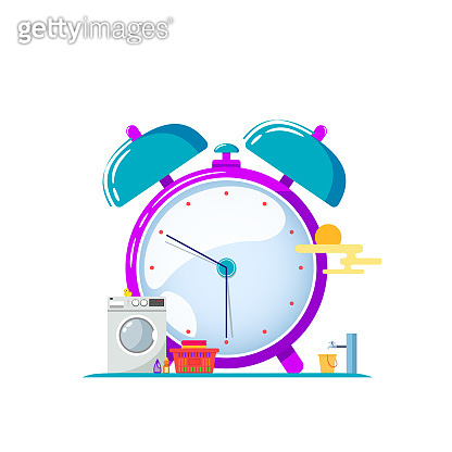 Concept of alarm clock its Time for a laundry with washing machine ...