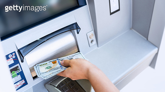 Atm machine money cash. Woman withdraw money bill. Holding american ...