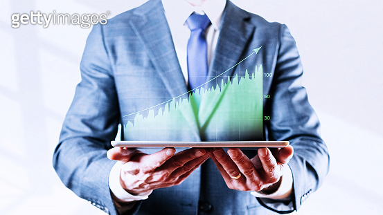 Business man chart graph. Businessman tablet analysis economic market ...