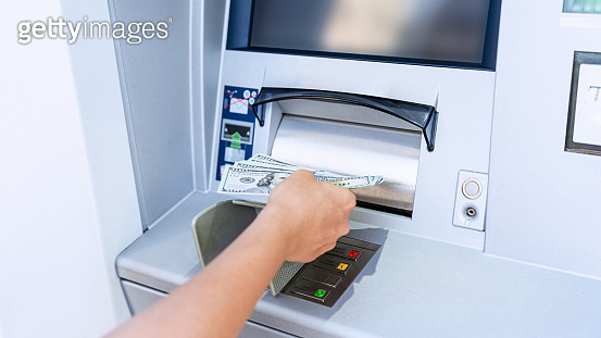 Atm card machine cash. Holding american bill cash. Woman withdraw money ...