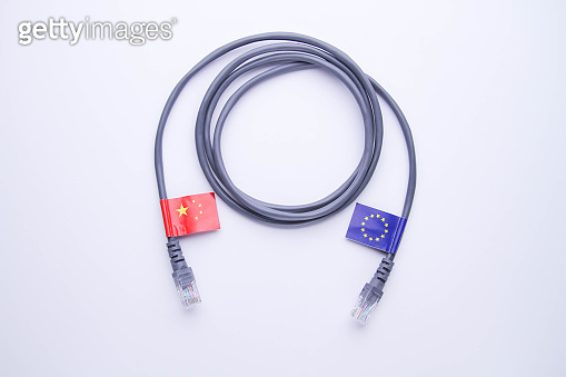 Internet cable with the flag of China and the European Union. 이미지 ...
