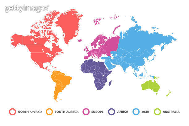 World map divided into six continents in different color. (1424257694 ...