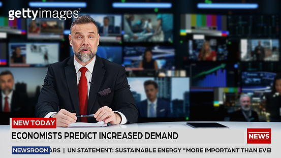 Daily News TV Program: Anchor Presenter Reporting About Business ...
