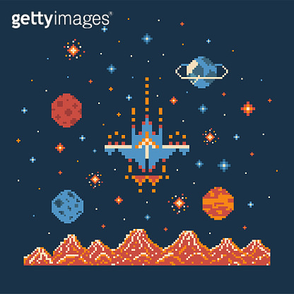8 bit Pixel Art Shuttle in Outer Space (1404182799) 일러스트, 무료 일러스트 - 게티이미지뱅크