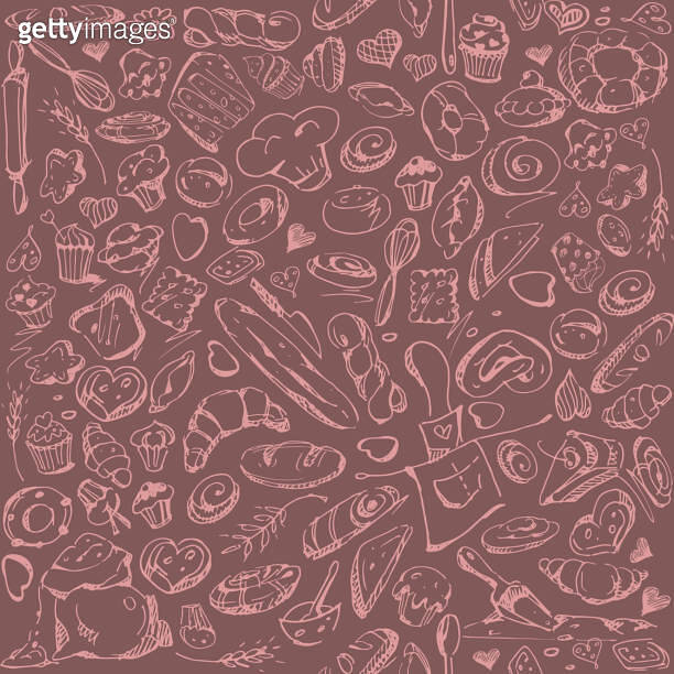 Seamless background of baking. Freehand drawings of pastries, sweet ...