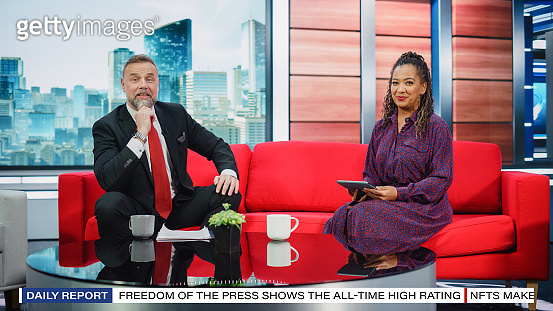 Talk Show TV Program and News Discussion: Two Charismatic Presenters ...