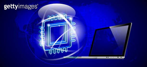 Nanotechnology concept in realistic style. Laptop with central processing unit, microchip ...