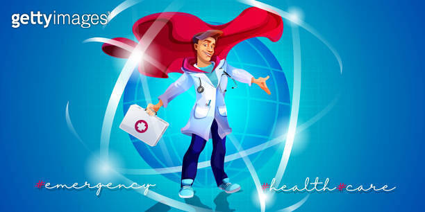 Ambulance superhero doctor with first aid kit and stethoscope in ...
