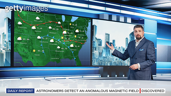 TV Weather Forecast Program: Professional Television Host Reviewing ...