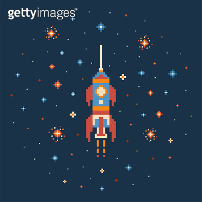 8 bit Pixel Art Rocket in Outer Space 이미지 (1408933915) - 게티이미지뱅크