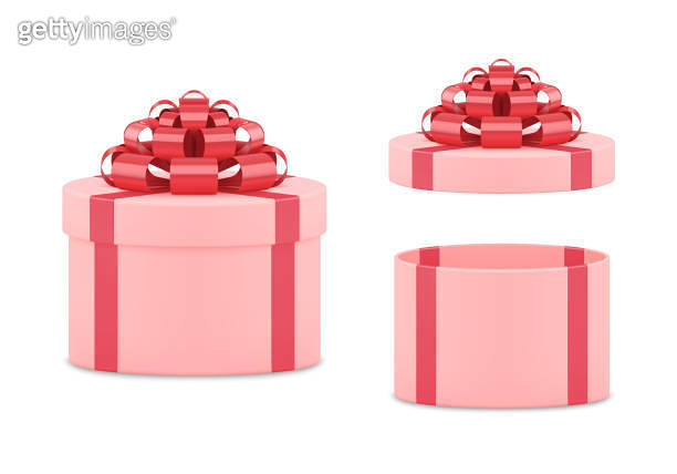Realistic festive pink open and closed gift boxes set 3d template ...