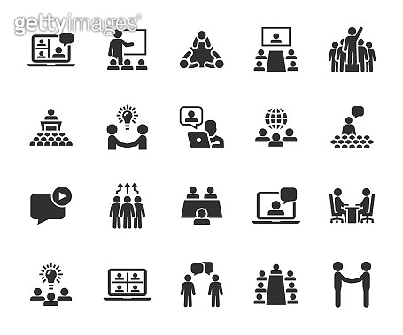Vector set of meeting flat icons. Contains icons video conference ...