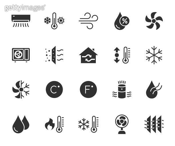 Vector set of air conditioning flat icons. Contains icons humidity, air ...