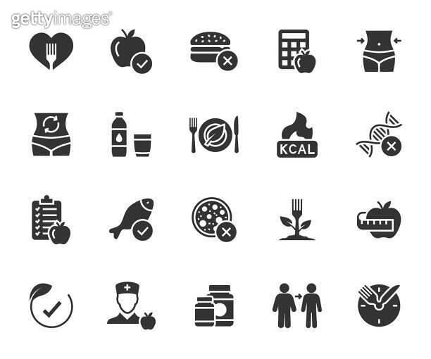 Vector set of healthy eating flat icons. Contains icons nutrition plan ...