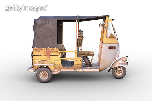 Side view 3D rendering of an Indian auto rickshaw isolated on white ...