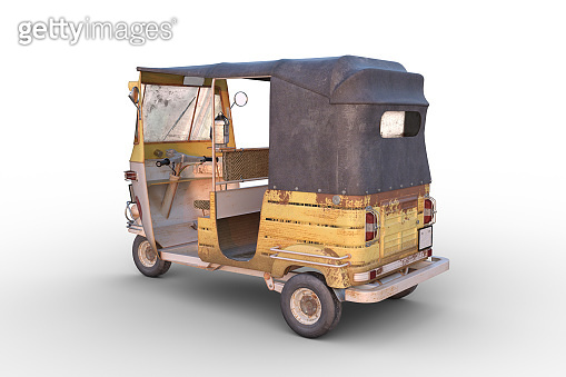Rear view 3D rendering of an Indian auto rickshaw isolated on white ...