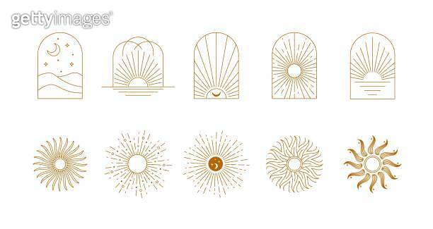 Boho style linear logos, icons and symbols of the sun, arc, windows ...