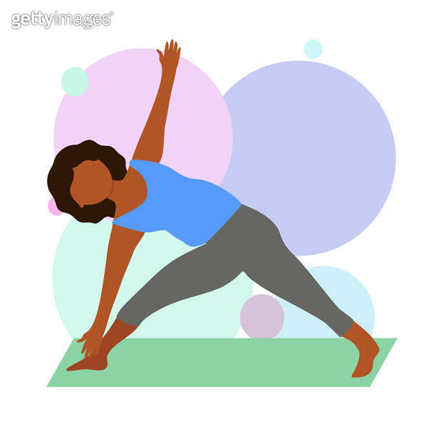 Black plump woman doing yoga in Parivritta Trikonasana (rotated ...