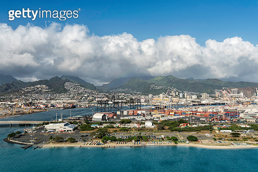Honolulu city port and industrial zone with containers on the lot ...
