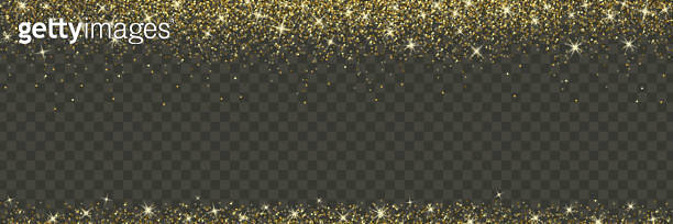 Golden shine glitter isolated on transparent background. Sparkling vector borders. Horizontal ...