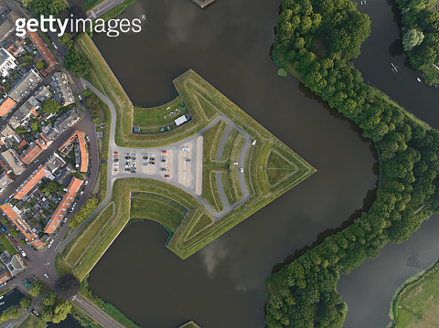 Fortified ancient old historic town of Naarden Vesting overhead aerial ...