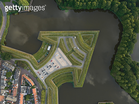 Fortified ancient old historic town of Naarden Vesting overhead aerial ...