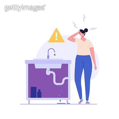 Woman with broken sink pipe. Call master fixing heater, pipes ...