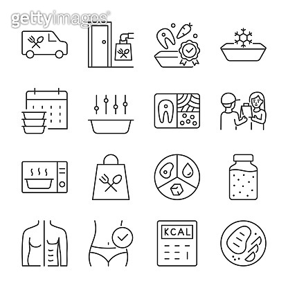 Ready-to-eat meal delivery for the day icons set. Daily food ration ...
