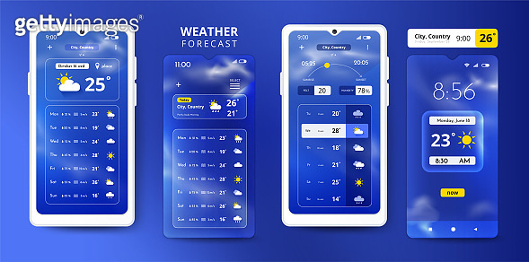 Weather forecast smartphone UI. Widget interface with graphic of sun ...