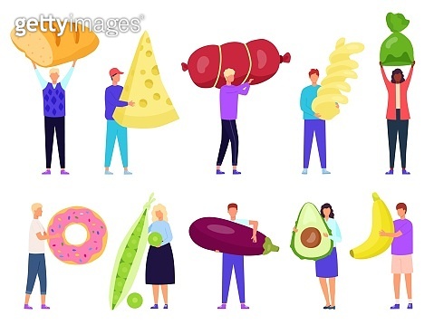 People eat food, huge cheese, fruit and vegetables. Woman with candy ...