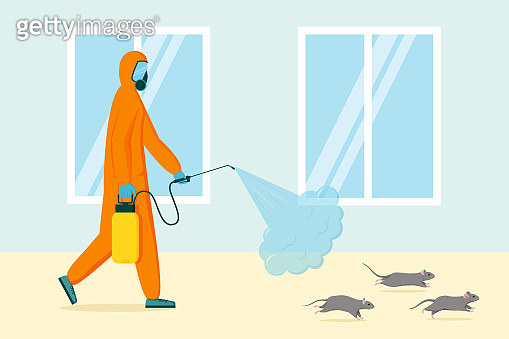 Pest home control. Rodents extermination. People in uniform spray ...